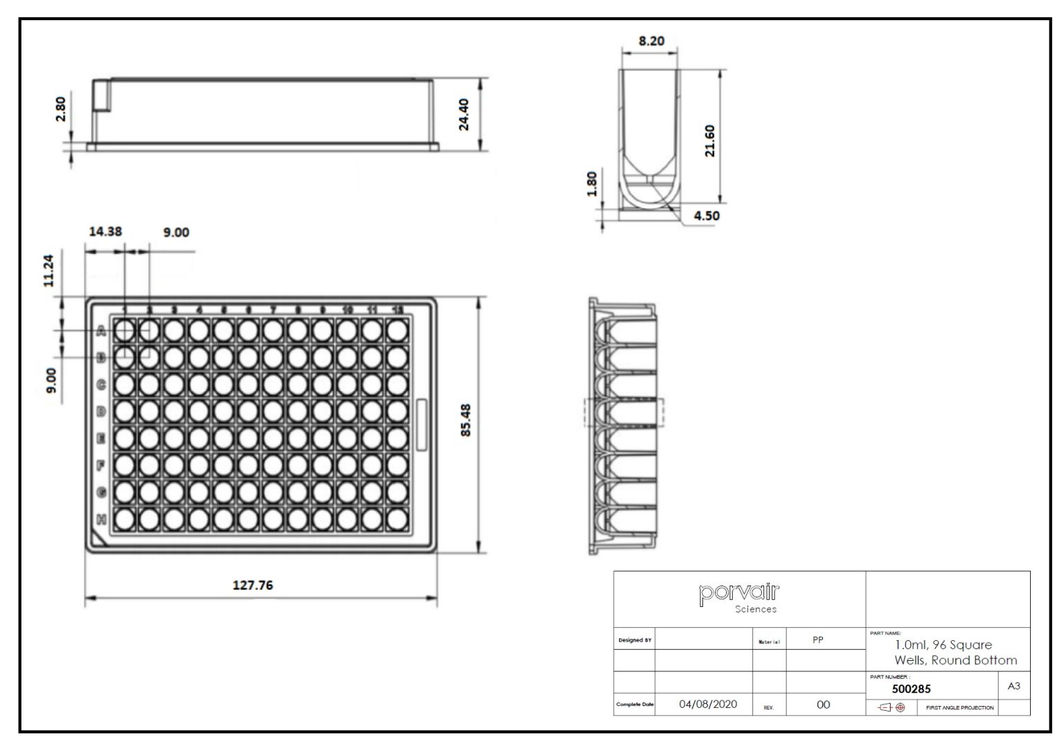 96 Well Square 1 ml PP Deep Well Plate - Porvair Sciences